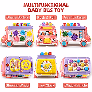 Music Activity Bus Baby Toy, Infant Education Learn Car, Sound & Light, Interactive Game, Shape Sorter, Animal Matching, Holiday Birthday Present for Toddler Kid Boy Girl 3 4 5 6 7 Years (Pink)