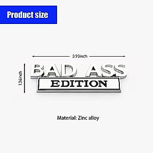 Crynod 1 PC Car Fender Badge Decal, 3.93" x 1.33" "Bad Ass Edition" Zinc Alloy Three-Dimensional Tailgate Front Grille Hood Decal, Retrofit Decorative Replacement, for Most Models (Silver & Black)