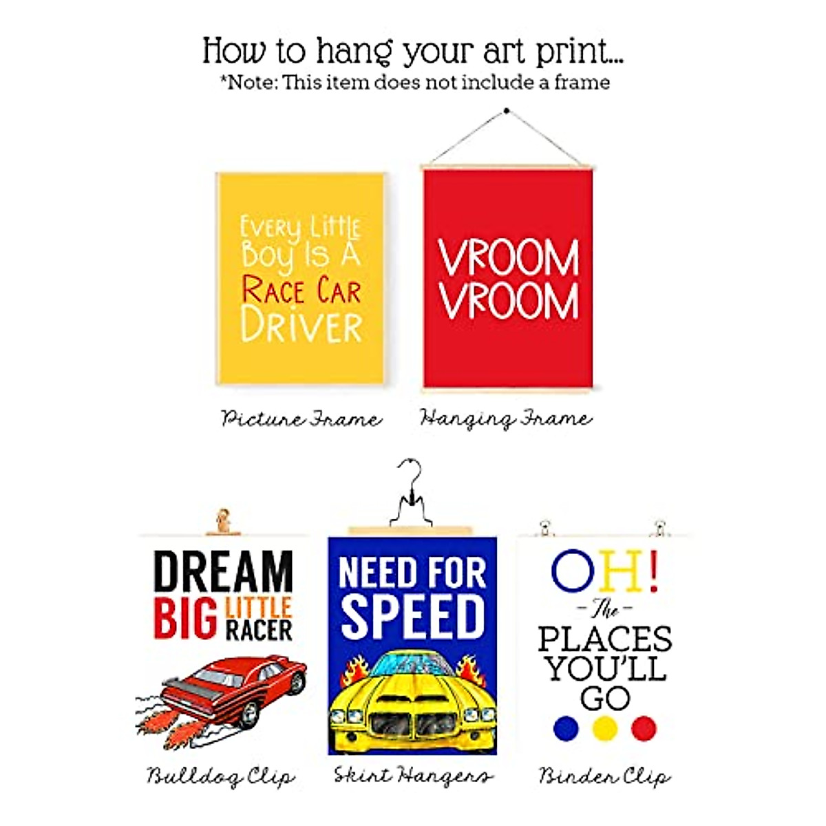 Dream Big Little Racer - Art Print Design Wall Room Home Bedroom Nursery Decor Wheel Set - Bright Race Hot Car (Set of Six) Poster Sign Picture