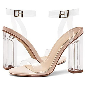 Shoe Land SL-CLLAARY Women's Perspex Heel Ankle Strap Adjustable Buckle Lucite Clear Block Chunky High Heel Open Toe Sandal ClearNude 7.0