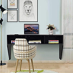 WATERJOY Wall Mounted Desk Computer Desk Floating Table, Home Office Working Desk, Wall Mounted Console Workstation Laptop PC Table with Storage Shelves Black