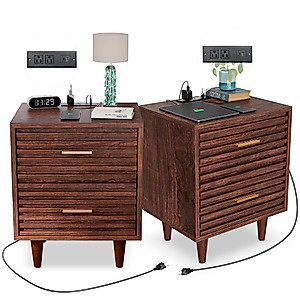 Night Stand with Charging Station Set of 2, Side Table with 2 Drawers, Mid Century Modern End Table with Storage, Bedside Table with USB Ports and Outlets, Nightstand for Bedroom, Brown 2PCS