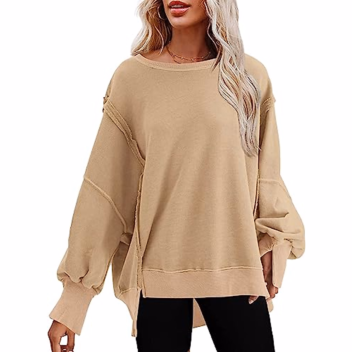 SHEWIN Womens Sweatshirts Long Sleeve Round Neck Soft Baggy Curved Hem Tops Lightweight Sweatshirts for Women Fall Cute Tops Loose Fit Flowy Crewneck Plain Tshirts for Leggings Khaki Small