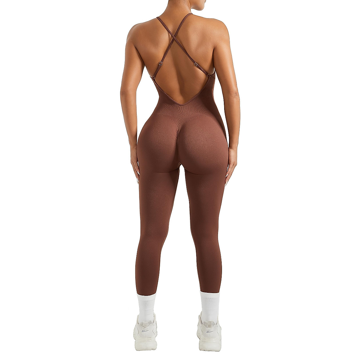 MOOSLOVER Women Strappy Backless One Piece Jumpsuits Tummy Control Padded Workout Rompers(XL,#1 Brown)