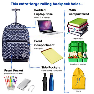 J World New York Sundance Rolling Backpack Girl Boy Roller Bookbag, Black and White, 20 X 13 X 9 (H X W X D)