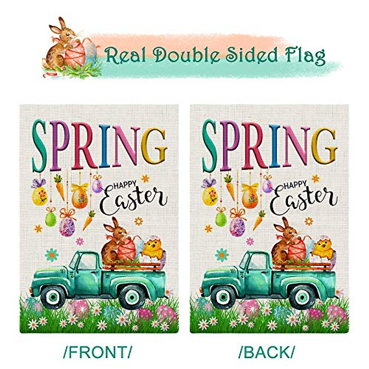 Whaline Easter Garden Flag Double-Sided Happy Easter Spring Burlap Garden Flag Truck Bunny Rabbit Egg Yard Flag Banner 12.5 x 18" Farmhouse Outdoor Decor for Patio Lawn