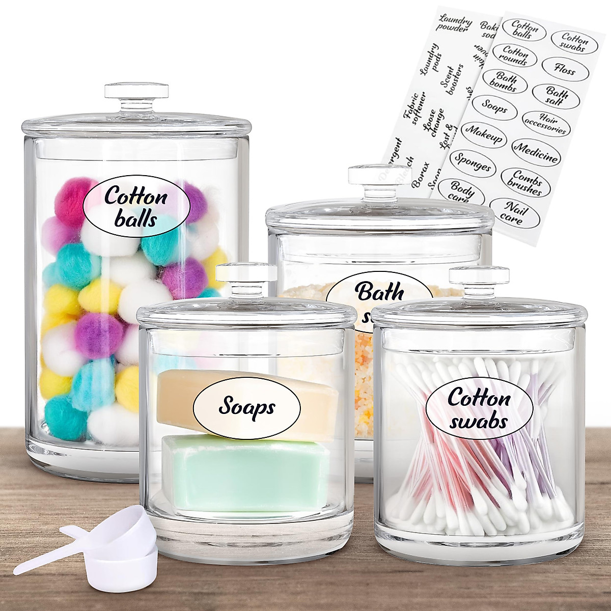 Premium Clear Acrylic Apothecary Jars with Lids for Bathroom & Laundry Room - Multipurpose Bathroom Canisters with Scoops & Labels - Laundry Containers for Pods & Dryer Sheets - Assorted 4 Pack