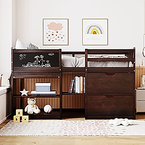 Merax Low Loft Bed Twin with Storage, Solid Wood Bed Frame with Rolling Desk and Drawers, No Box Spring Needed, for Boys & Girls (Espresso)