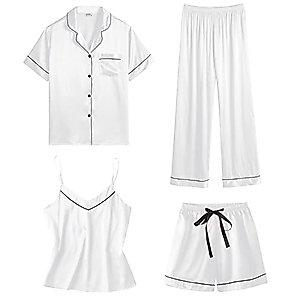 SWOMOG Satin Pajama Set Women Silk Pjs Set Short Sleeve 4 Piece Button Down Sleepwear Lounge Sets White