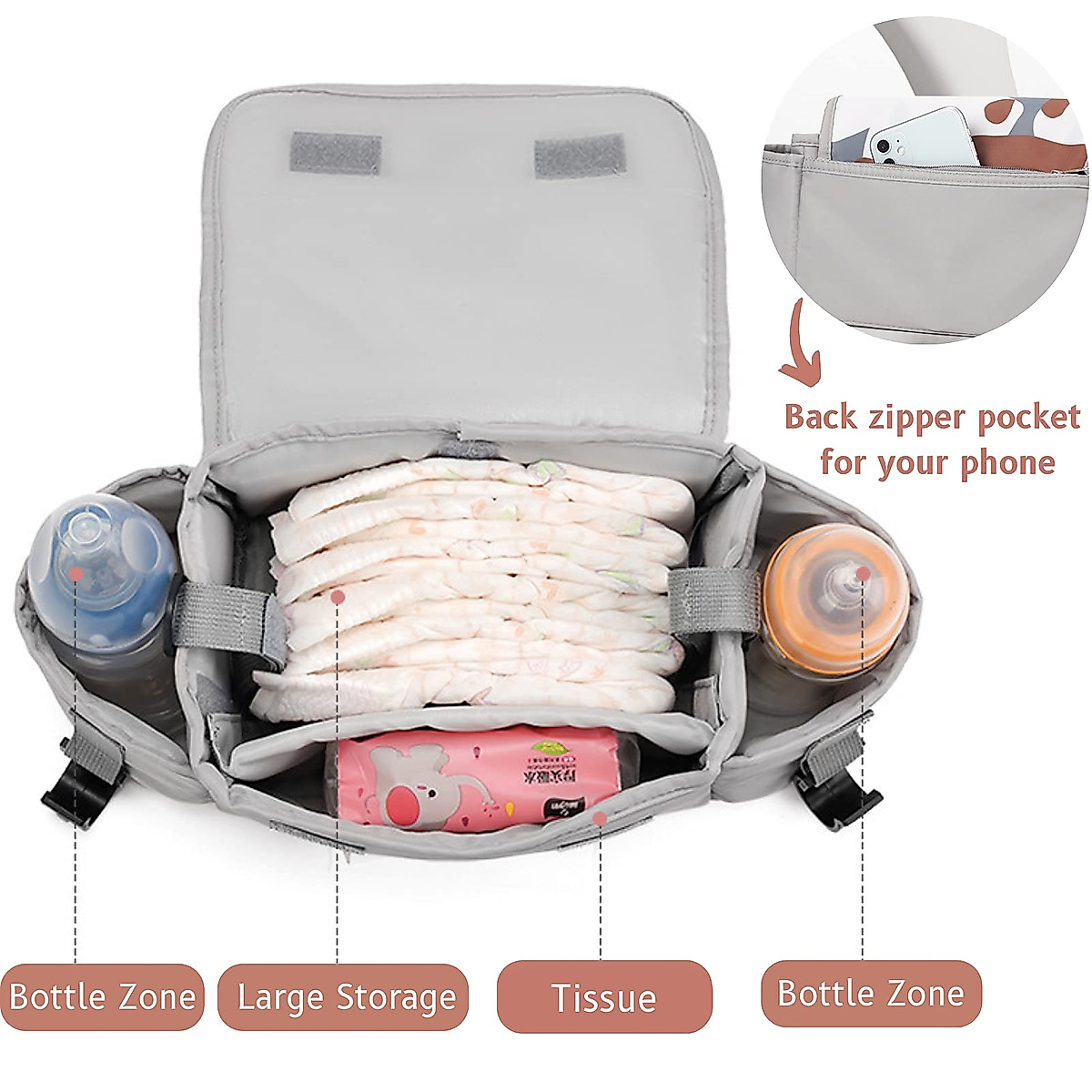 SPINSM Universal Stroller Organizer Bag with Insulated Cup Holder - Easy Access Wipes Pocket - Adjustable Shoulder Strap Fits for All Baby Stroller, Stroller accessories, Stroller Caddy (Black)