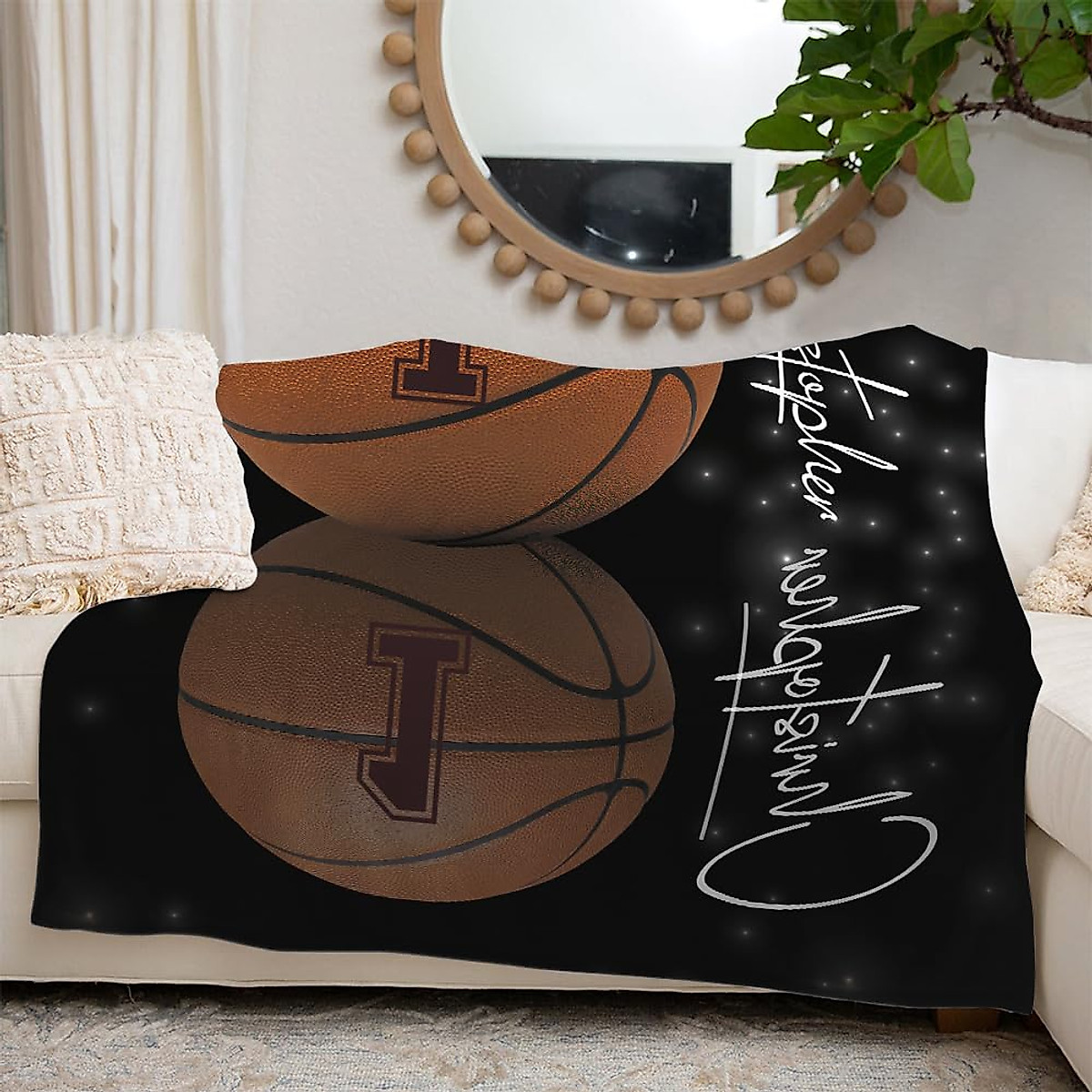 SATIGI Personalized Basketball Shadow Blanket with Name & Number, Basket Ball (40-''X30-'', 50-''X40-'', 60-''X50-'', 80-''X60-''), Plush Sherpa Fleece Travel Soft Warm for Couch Sofa Bed