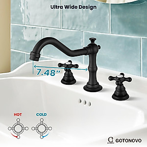 gotonovo 3 Hole Matte Black Bathroom Sink Widespread Faucet Mixing Tap Deck Mount Double Handle Cross Knobs Faucet with Pop Up Drain
