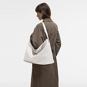 JINMANXUE Women Boston Bag Woven Vegan Leather Handbags Female Satchel Messenger Bag Fashion Shoulder Bag Casual Hobo (Off white)