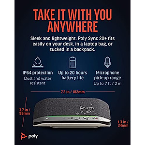 Poly Sync 20+ Personal Portable Bluetooth Smart Speakerphone (Plantronics) - USB-A UC Bluetooth Adapter - Connect Wirelessly to PC/Mac/Cell Phone - Works w/Teams, Zoom, & More - Amazon Exclusive