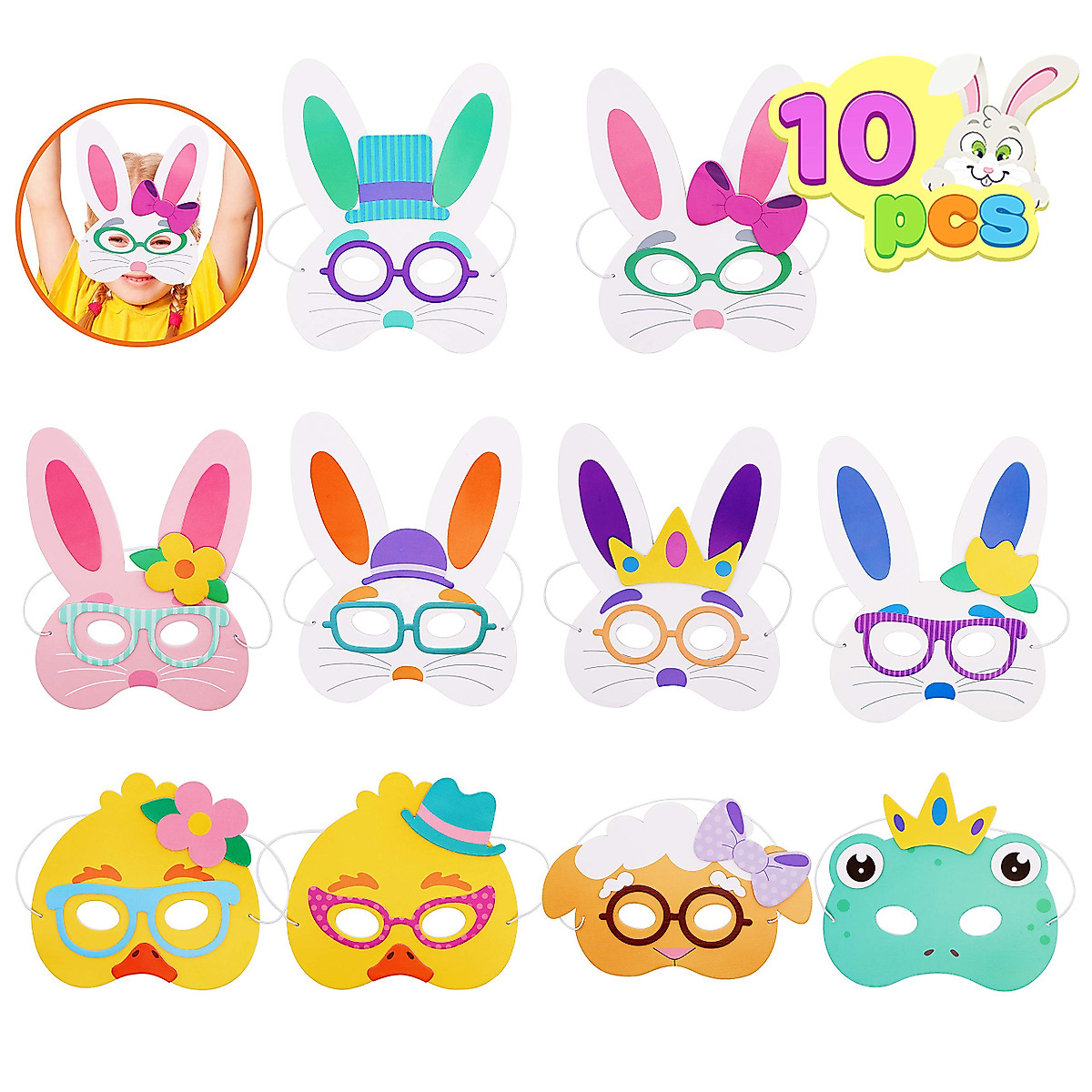 JOYIN 10 Pcs DIY Easter Bunny Mask Craft Kit Easter Crafts and Activities for Pretend Play, Decorate and Wear, Dress-Up Party Accessory, Animal Mask Assortment Easter Eggs Hunt and Theme Party