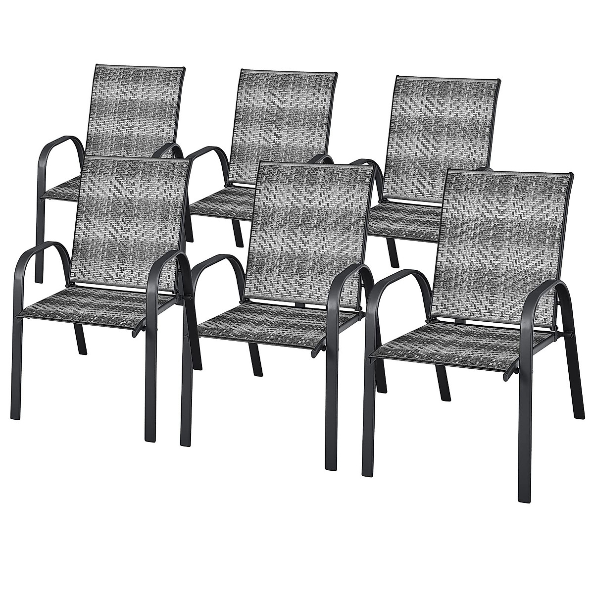 HAPPYGRILL Stackable Dining Chairs Set of 6, Outdoor PE Wicker Patio Arm Chairs with Rustproof Steel Frame, Stackable Bistro Deck Chairs for Backyard Garden and Poolside