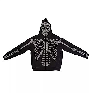 Women Men Oversized Zip Up Hoodie Sweatshirt Rhinestone Skeleton Sweatshirt Loose Fit Aesthetic Hoodies(Black-1,Small)