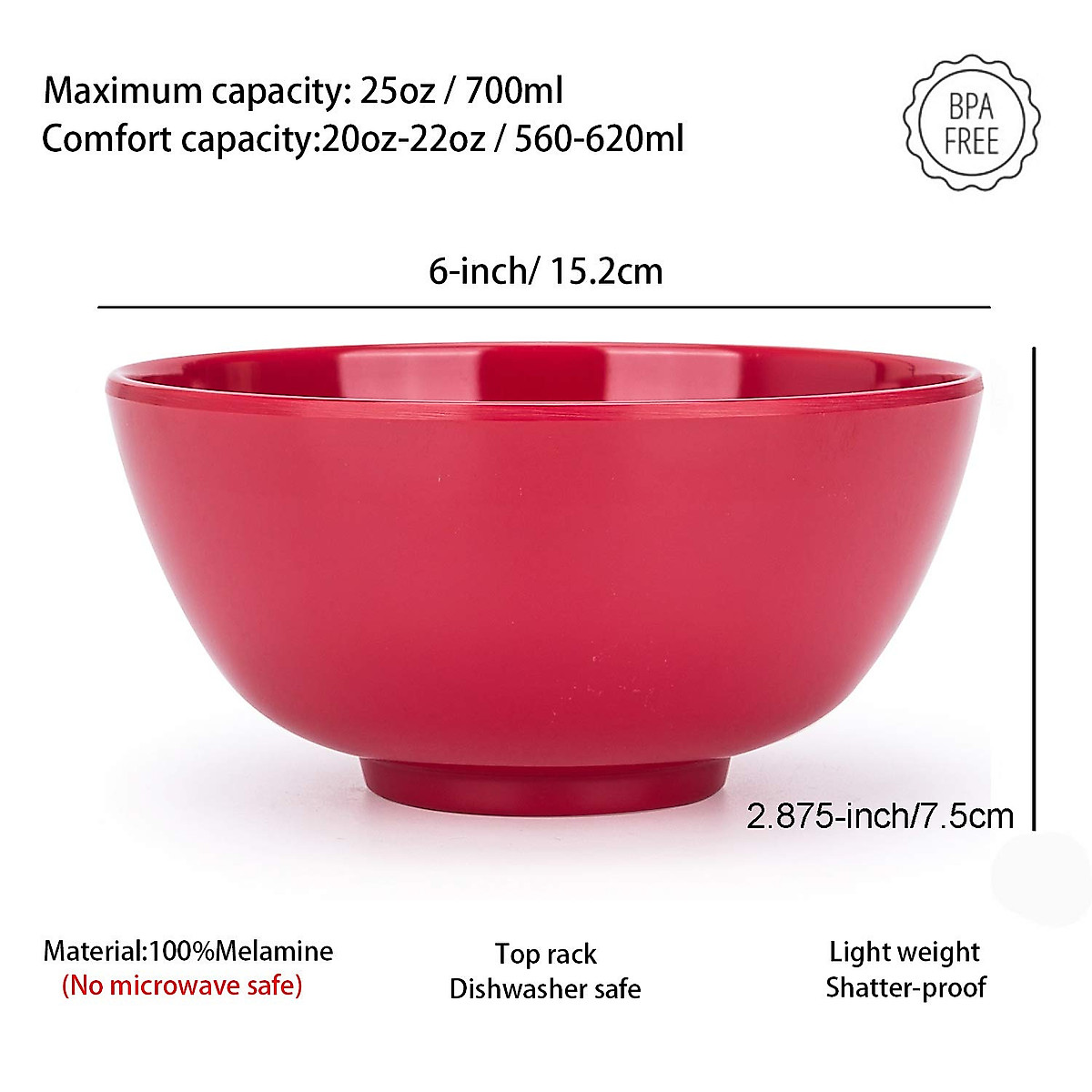 Set of 6 100% Melamine 28oz Salad Bowls Set,6 inch Round Melamine Soup Cereal Bowls,Melamine Dinnerware sets for Home Dinner Party or Picnic,Break-resistant and BPA Free,Multicolor