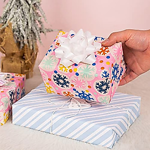 MAYPLUSS Christmas Reversible Wrapping Paper Jumbo Roll - 30 Inches x 100 Feet - Pink Snowflakes and Blue Stripe Design