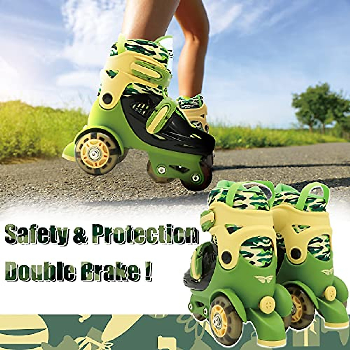 Adjustable Roller Skates for Kids Girls Ladies with Light Up Flash LED Wheels(Age 3-9),Fun Illuminating,Three-Point Type Balance,Gift Box Packing for Toddlers,Children,Youth (Camouflage, 3 Years)