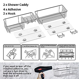 Apusu 2-Pack Shower Caddy Hanging Basket Shelf 2 Hooks,Premium Stainless Rustproof Shower Accessories, Sturdy Shower Racks In Small Shower, Sticky Shelves Wall Organizer- No Drilling, Tub Organizer