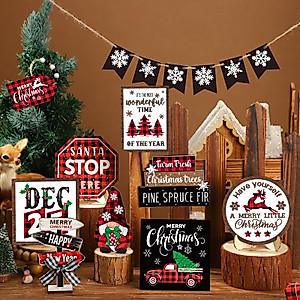 Dandat Christmas Tiered Tray Decor Winter Tiered Tray Decorations Set Snowman Snowflake Gnome Truck Xmas Tree Wooden Signs Farmhouse Christmas Table Decorations for Home Table Shelf (Buffalo Check)