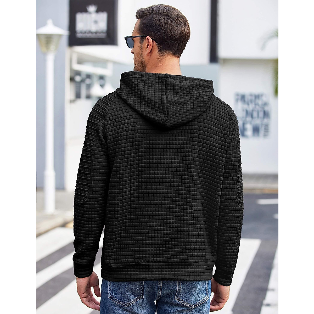 COOFANDY Men's Knit Hoodie Pullover Fashion Hip Hop Long Sleeve Drawstring Waffle Hooded Sweatshirt with Kanga Pocket, Black, Large