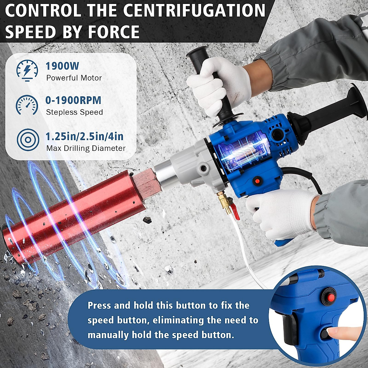 Diamond Core Drilling Machine,1900RPM Wet & Dry Handheld Concrete Core Drill Rig,1-1/4" Thread Core Drill Rig with Water Pump Water Pipe for Concrete Brick Stone Block,with 1.25in/2.5in/4in Drill Bits