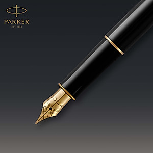 PARKER Sonnet Fountain Pen, Black Lacquer with Gold Trim, Medium Nib (1931495)