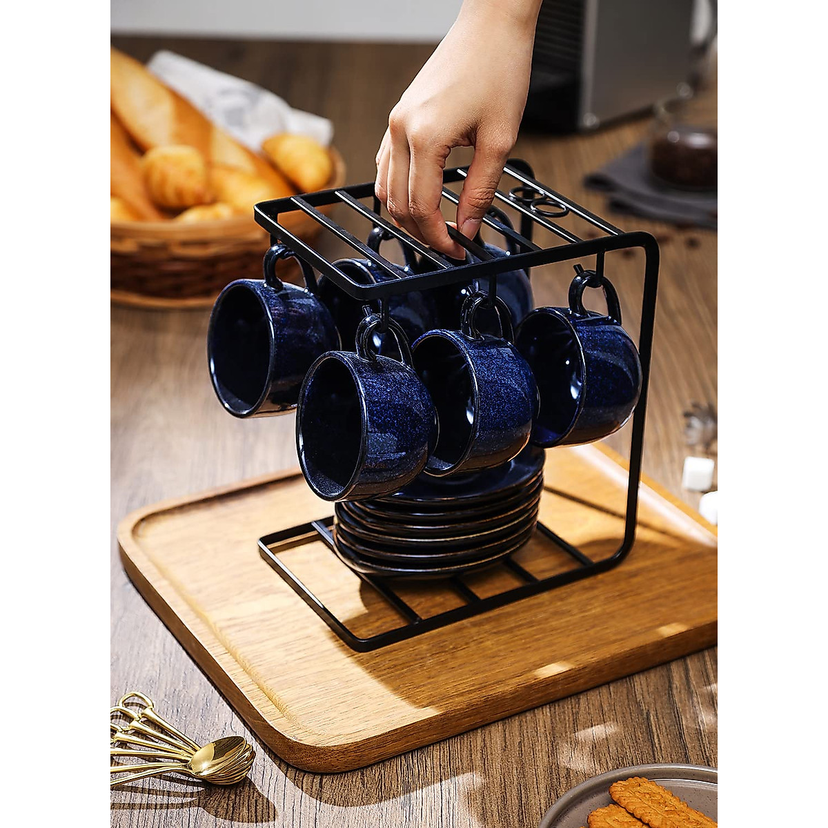 vicrays Ceramic Espresso Coffee Cups Set 4 oz Porcelain Espresso Cups with Saucers Spoons and Metal Stand for Tea Cafe Cappuccino Latte - Set of 6 - Blue