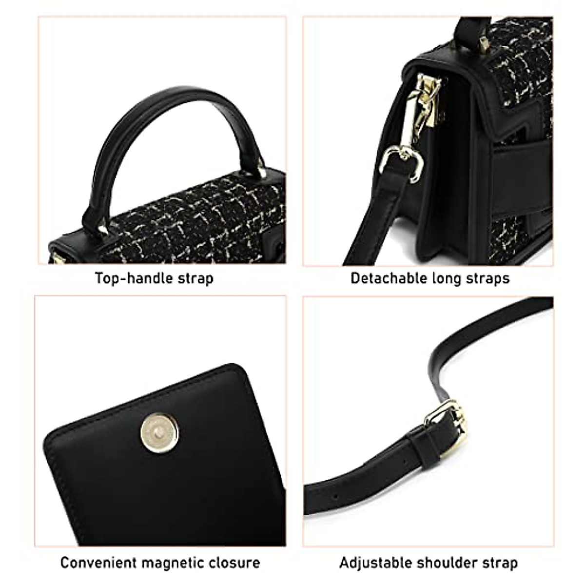 LL LOPPOP Top Handle Crossbody Bags for Women, Small Trendy Purses Shoulder Handbags, Clutch Purses for Women with Detachable Straps 204001(Black)