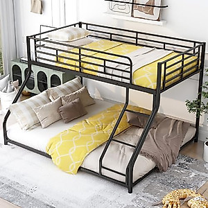 WADRI Metal Floor Bunk Bed with Ladder, Twin XL Over Queen Bunk Bed with Safety Guard Rails, Heavy Duty Metal Bed Frame for Kids Teens Adults Bedroom, Easy Assembly