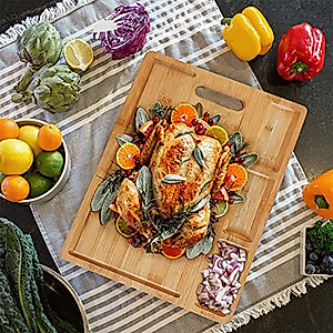 HHXRISE Original Bamboo Cutting Board(3 Piece Set) With Handle For Kitchen, With Built-In Compartments And Juice Grooves, Heavy Duty Chopping Board Serving Tray, Butcher Block, Carving Board…