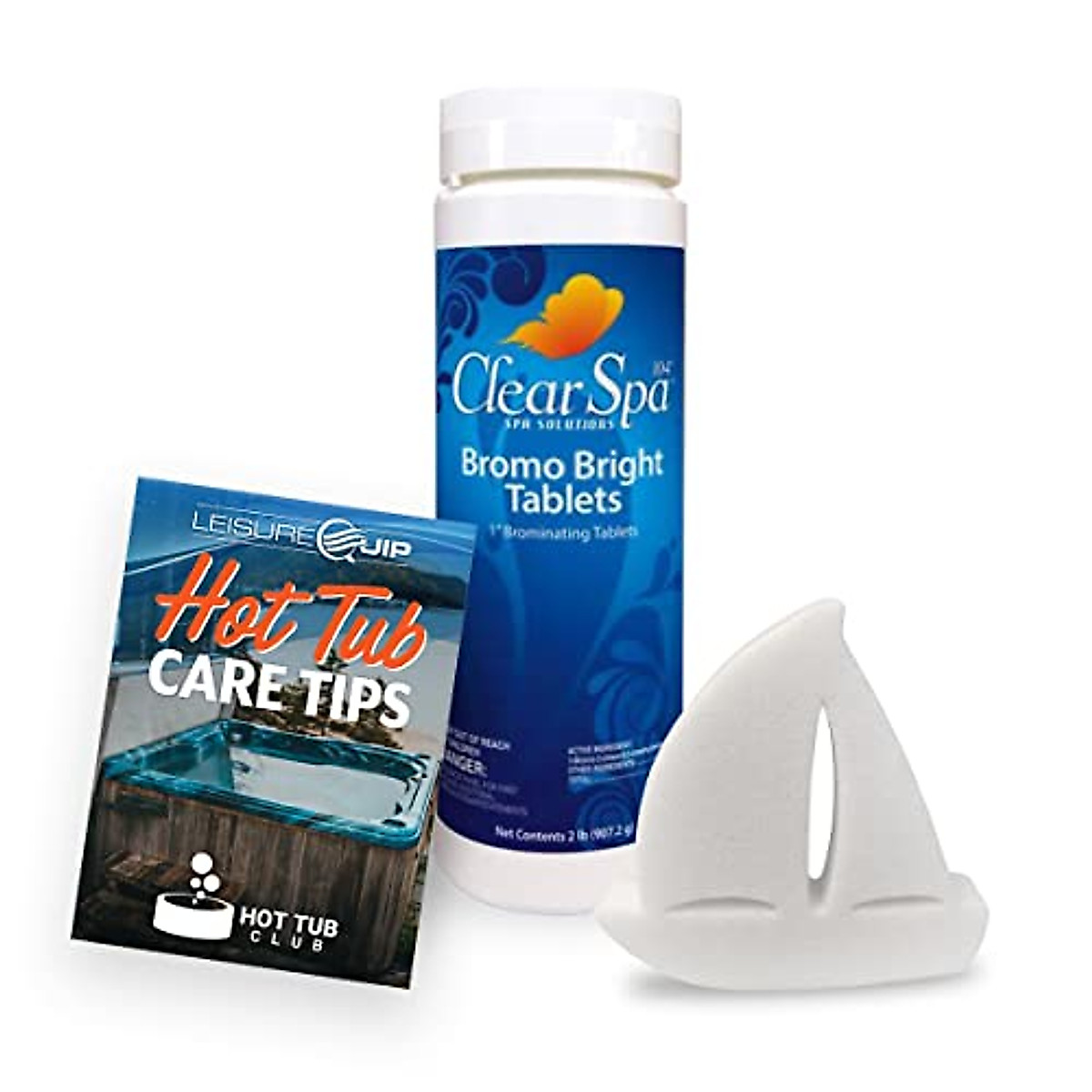 ClearSpa Bromo Bright Tablets Hot Tub Bromine, LeisureQuip ScumBoat Scum Absorber, & LeisureQuip Spa Care Ebook
