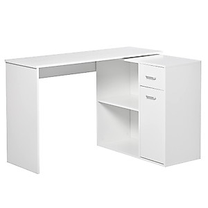 HOMCOM L Shaped Computer Desk, 180° Rotating Corner Desk with Storage Shelves, Drawer and Cabinet, Study Workstation for Home Office, White