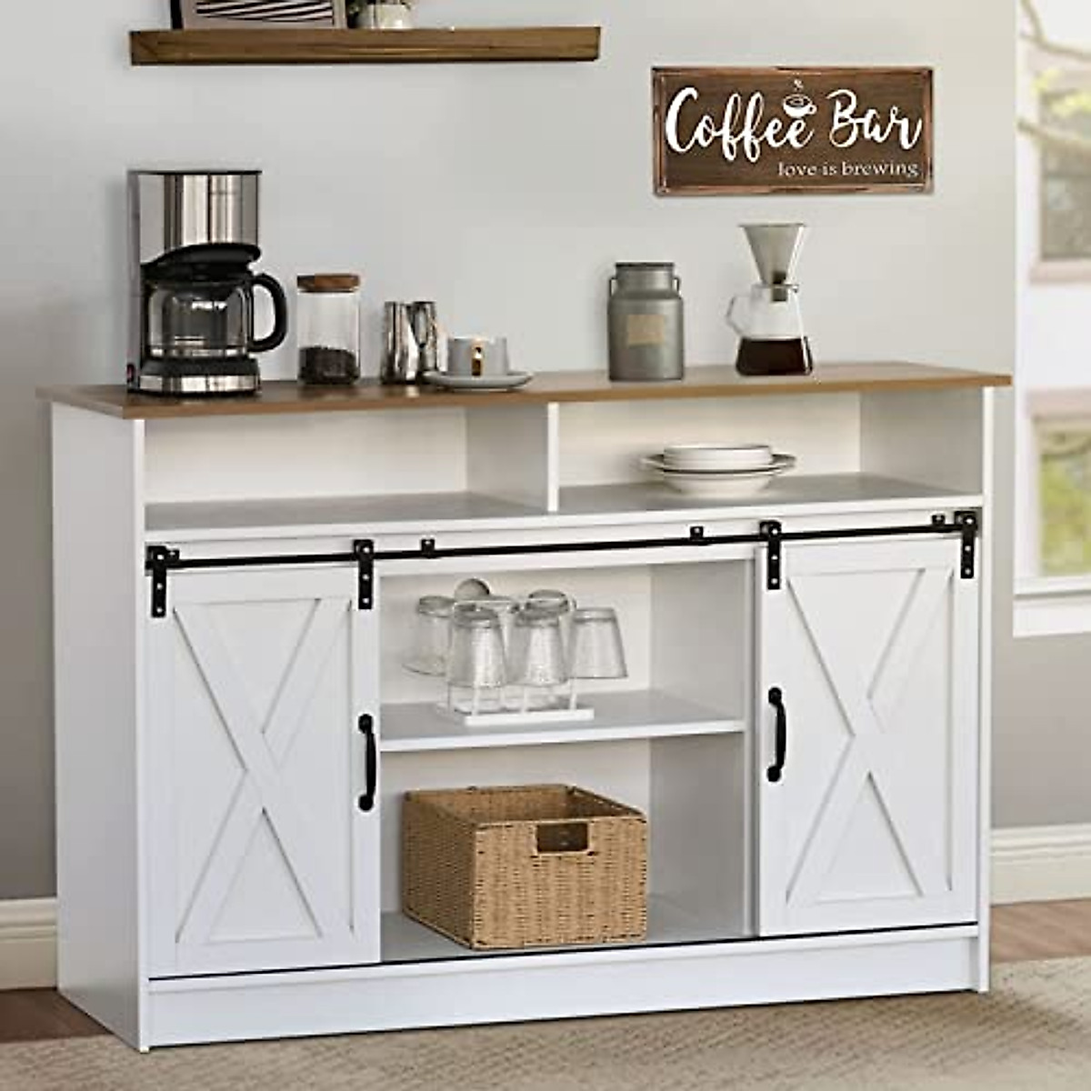 HOMBCK Coffee Bar Cabinet, Farmhouse Buffet Cabinet with Barn Door, White Coffee Bar Sideboard with Storage for Living Room, Dining Room, Hallway, Console Table, Accent Cabinet, White