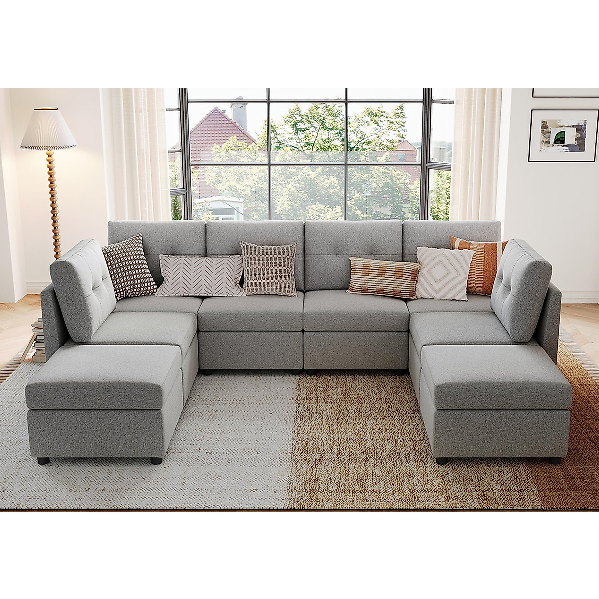 LINSY HOME Oversized Modular Sectional Sofa, Rubik III 6 Seats with 2 Ottomans Convertible U Shaped Sectional Sleeper Sofa with Storage, All Covers Changeable Washable, Grey