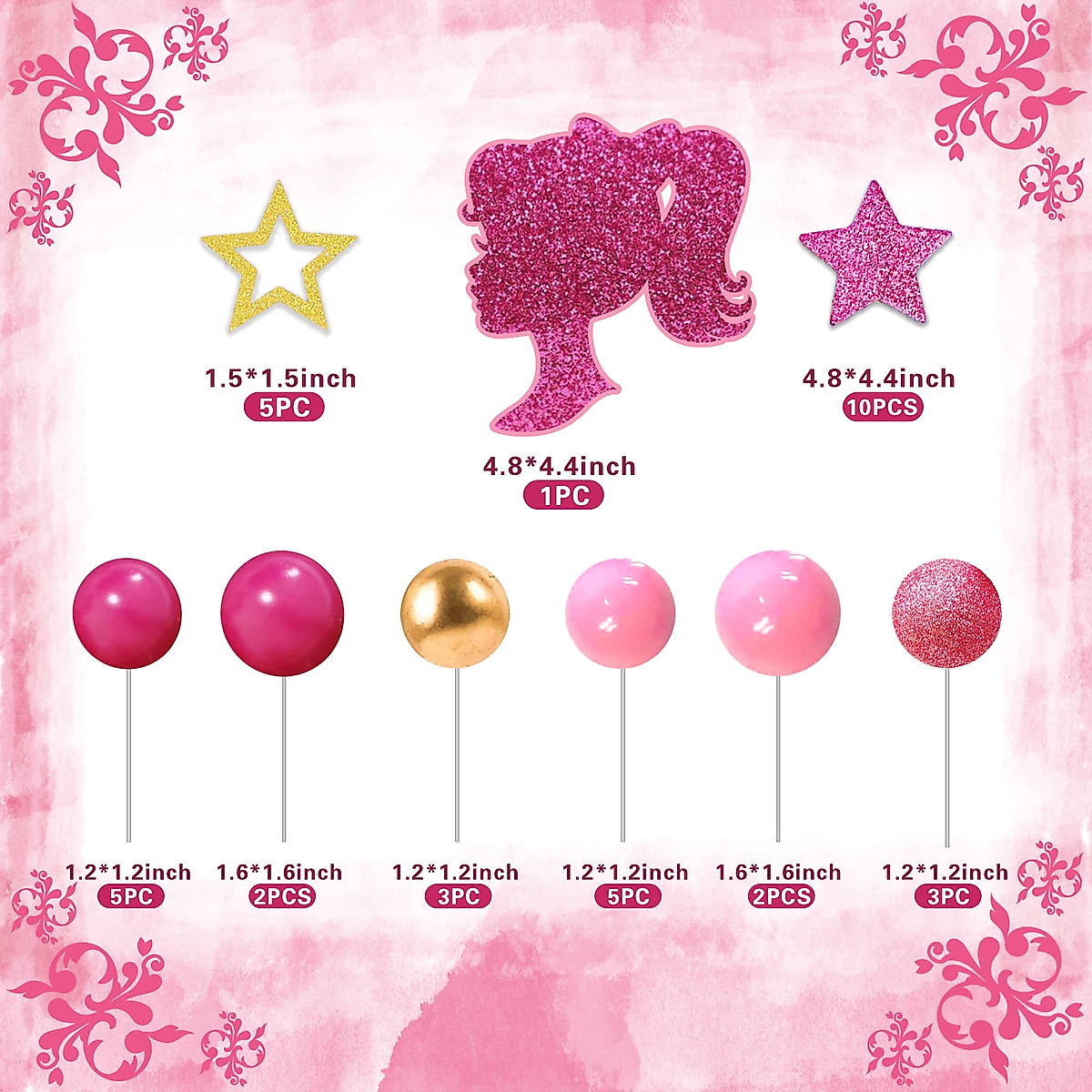 36 PCS Hot Pink Girl Cake Topper Balls Cake Decorations with Pink and Gold Balls Shiny Stars for Wedding Baby Shower Anniversary Girl Birthday Themed Party Supplies (Stars)
