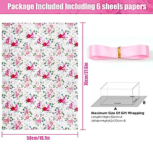 Wedding Wrapping Paper and Ribbon Set for Girls Women, 6 Folded Sheets Pink Red Rose Design, 20 x 28 inch Gift Wrap Paper for Floral Bridal Shower Engagement Wedding Birthday Party Anniversary
