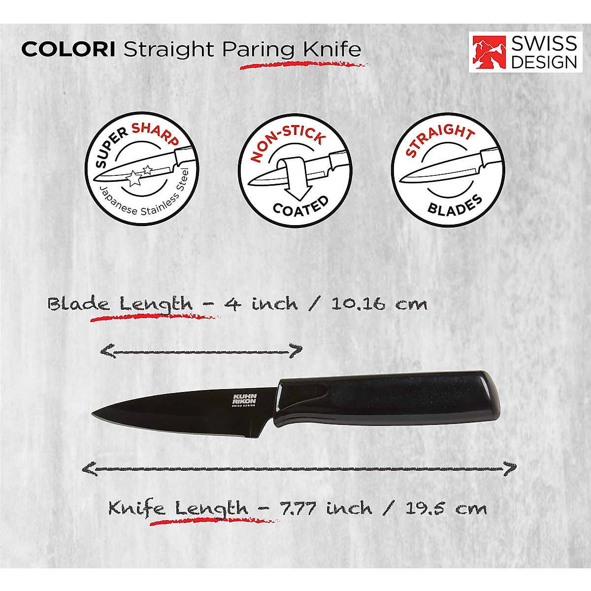 Kuhn Rikon Colori Non-Stick Straight Paring Knife with Safety Sheath, 4 inch/10.16 cm Blade, Licorice