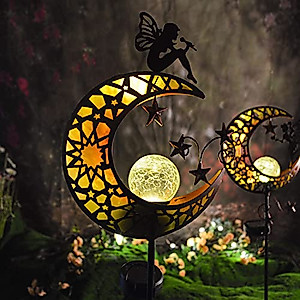 Cubular Moon Fairy Solar Garden Decor Lights,Crackle Glass Ball Pathway Stake Lights, Walkway Yard Lawn Patio Courtyard Decor Garden Outdoor Decorative Lights,Fairy Garden Decor (Moon Fairy)