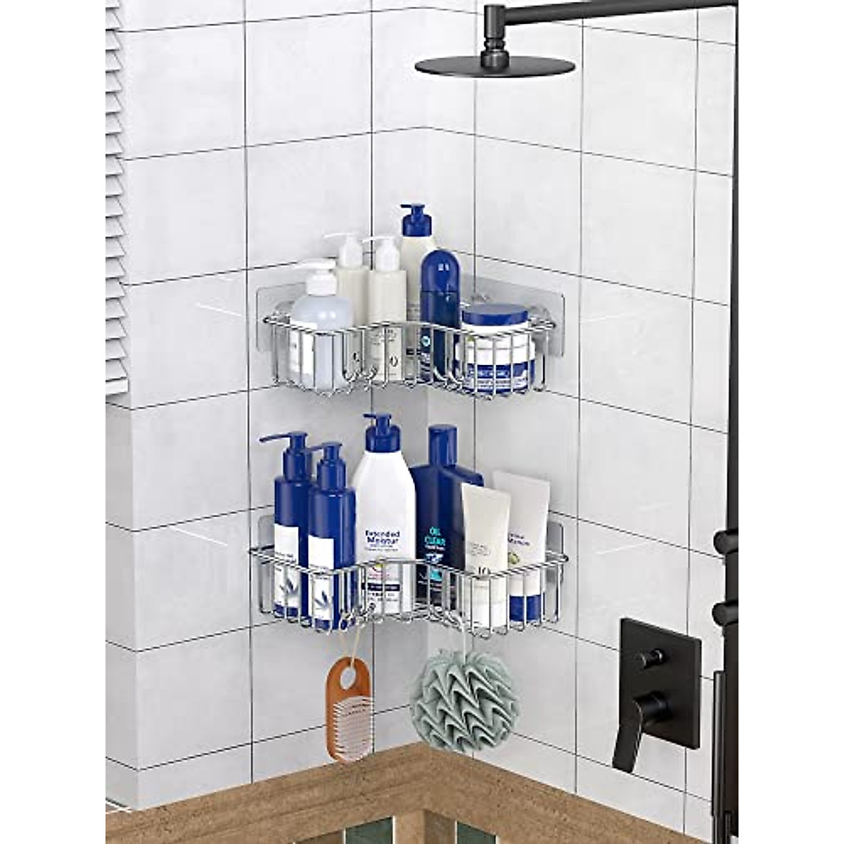 SMARTAKE Corner Shower Caddy Shower Shelf 2 Pack Adhesive Shower Rack with Hooks, SUS 304 Stainless Steel Shower Organizer for Bathroom Toilet Kitchen, Shower Storage for 90° Wall (Silver)