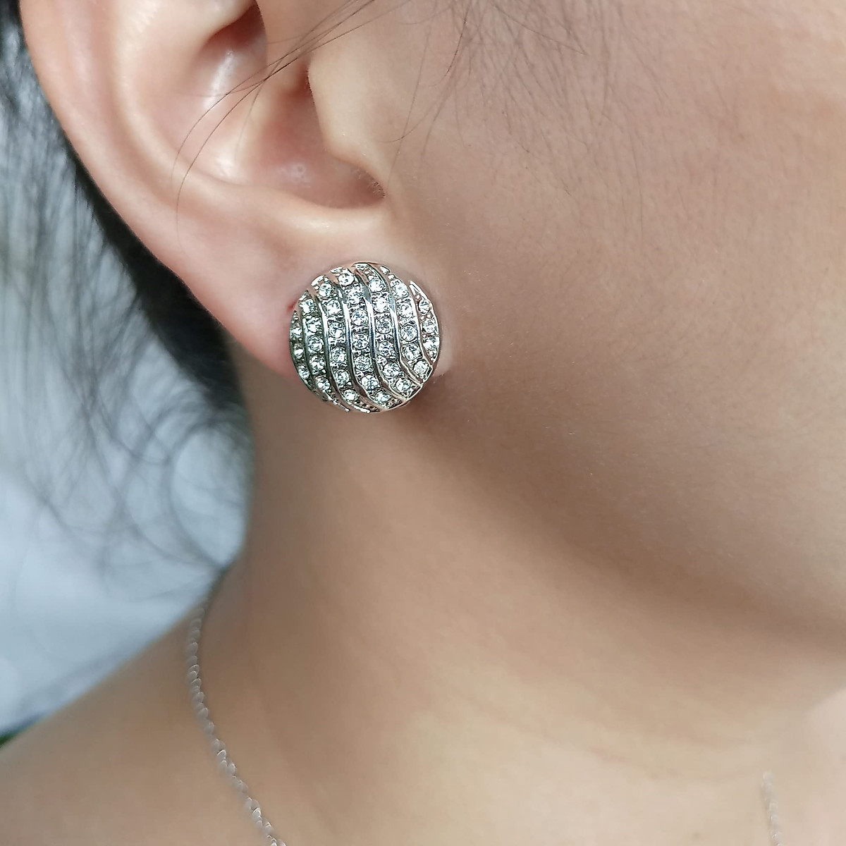 UPSERA Clip On Earrings - Round Non-Pierced Earrings Pave Crystals - Silver Color