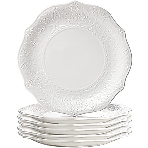 SOUJOY Set of 6 Porcelain Dinner Plate, 10.5'' White Dinner Dish, Embossed Printing Dinnerware Plate for Dinner, Restaurant, Family Party and Kitchen, Microwave, Dishwasher Safe