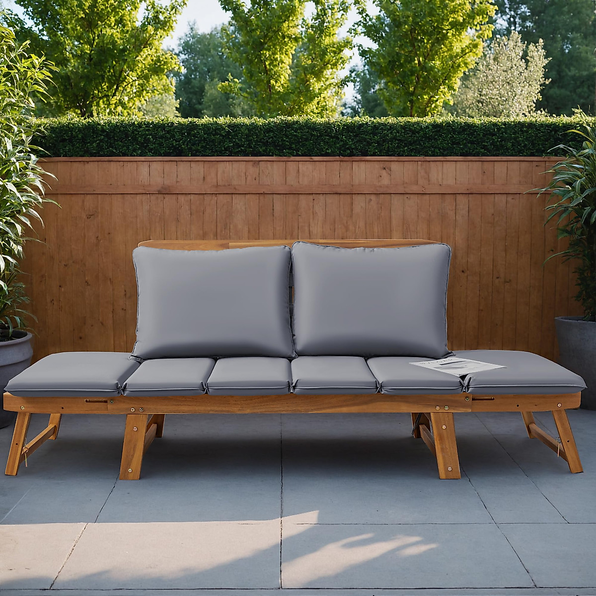 Greesum Patio Convertible Couch Sofa Bed with Adjustable Armrest, Acacia Wood Outdoor Daybed with Cushion & Pillow, Folding Chaise Lounge Bench for Porch Courtyard Poolside，Gray