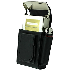 Skyway Rockford Leather Cigarette Case 100's Cigarette Holder Case Pack Box with Flip Top and Lighter Pouch - Black