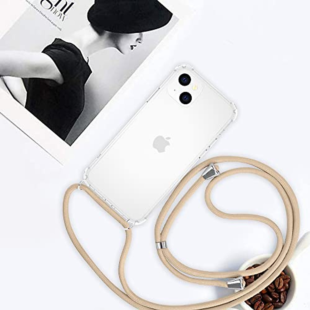 YESPURE for iPhone 13 Mini Clear Case with Adjustable Lanyard Neck Strap,Crossbody Phone Case for iPhone 13 Mini,Transparent Soft TPU Anti-Yellowing Shockproof Protective Cover 5.4 inch - Beige