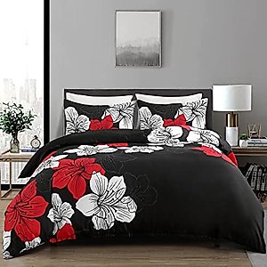 Menghomeus Black Comforter Set Full - Red and White Floral Comforter with 2 Pillowcases Modern Bedding Sets Lightweight Boho Bed Set for All Season (1 Comforter, 2 Pillowcases)