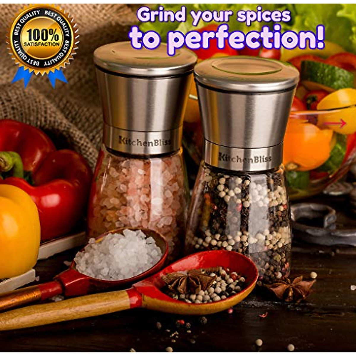 Professional Salt and Pepper Grinder Set – Premium Stainless Steel Salt and Pepper Shakers with Ceramic Spice Grinder Mill for Adjustable Coarseness - Added Bonus a Bamboo spoon and a Cleaning Brush.