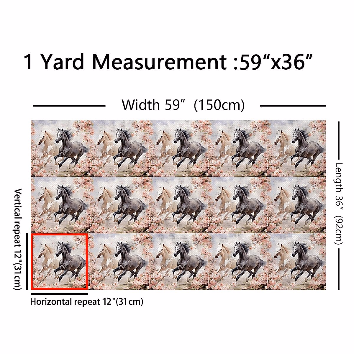 Horse Fabric by The Yard 1 Yard Chic Cherry Blossom Decorative Waterproof Outdoor Fabric White Galloping Horse Printed Upholstery Fabric for Chairs Wild Animal Kids Outdoor Fabric